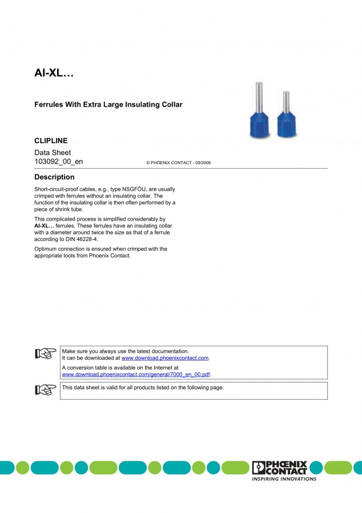 Phoenix Contact AI-XL ferrule Data Sheet 103092 page 1
