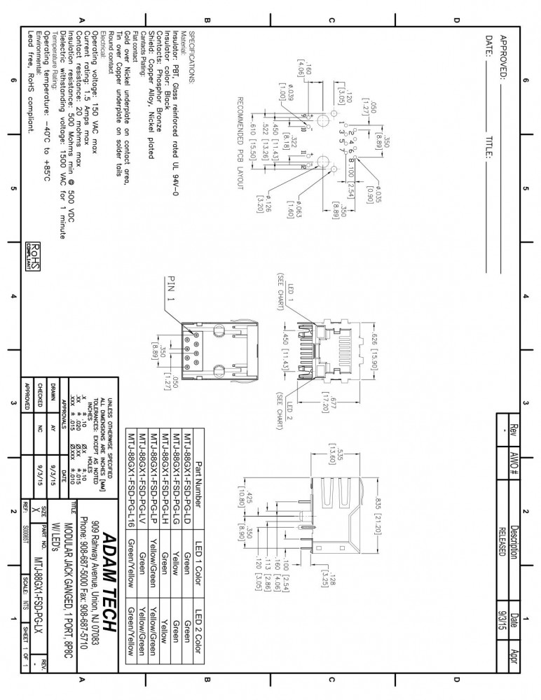 ADAM TECH MTJ-88GX1-FSD-PG-LH technical drawing