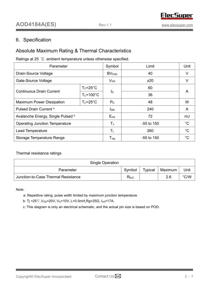AOD4184A(ES) datasheet page 2