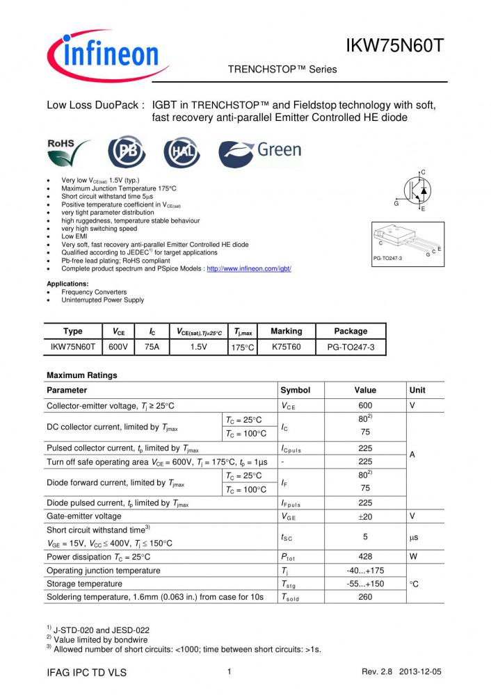 IKW75N60T technical document page 1