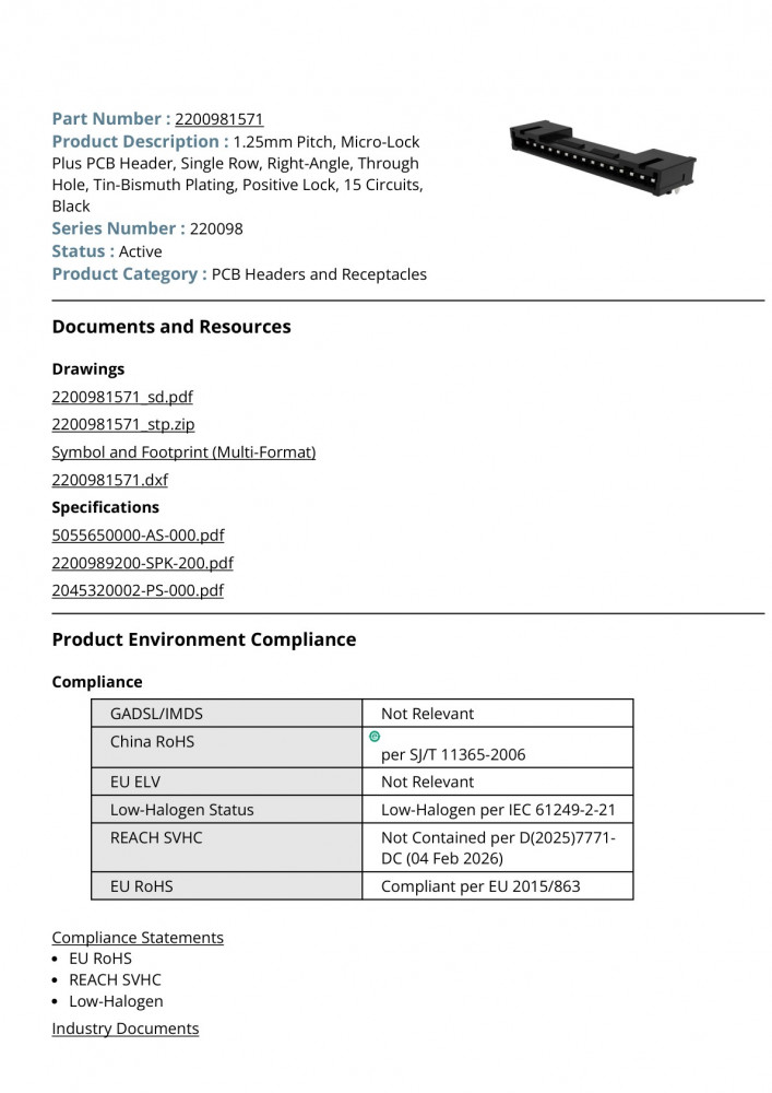 MOLEX 2200981571 technical document page 1