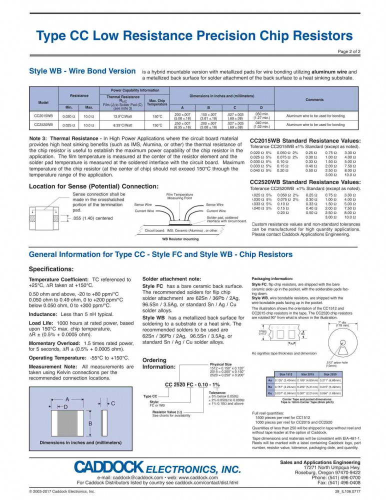 Caddock Type CC chip resistor datasheet page 2