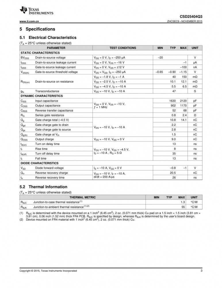 CSD25404Q3 datasheet page 3