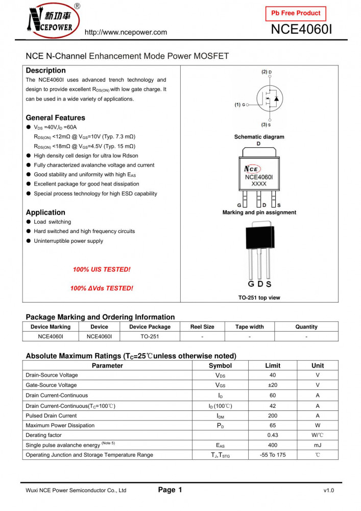 NCE4060I datasheet page 1