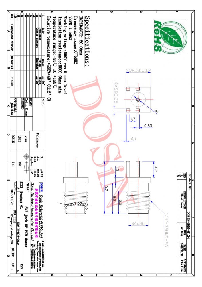 DOSIN-806-0134 technical drawing page