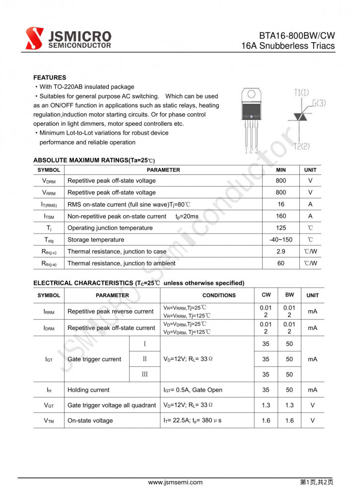 BTA16-800BWRG technical document page 1