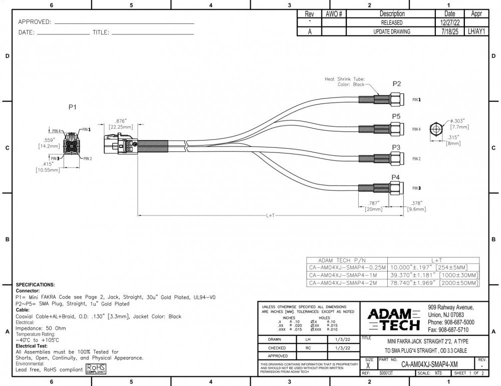 ADAM TECH Mini FAKRA Type A jack to four SMA plugs cable assembly drawing