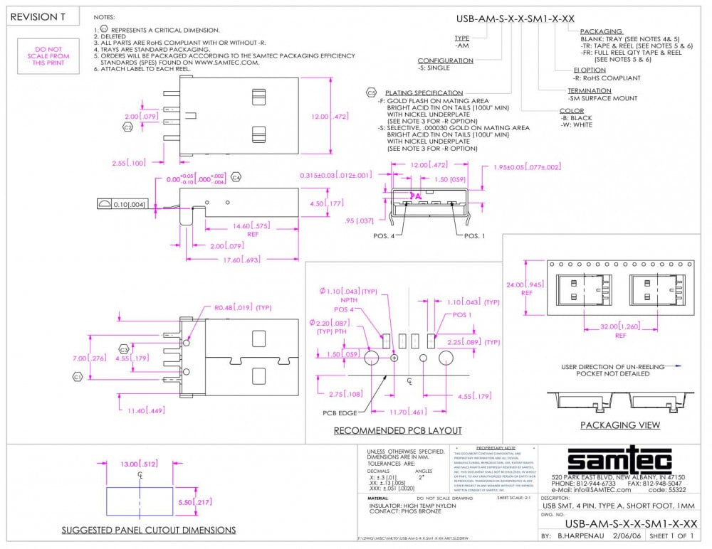 Samtec USB-AM-S-F-W-SM1-R-TR technical document page