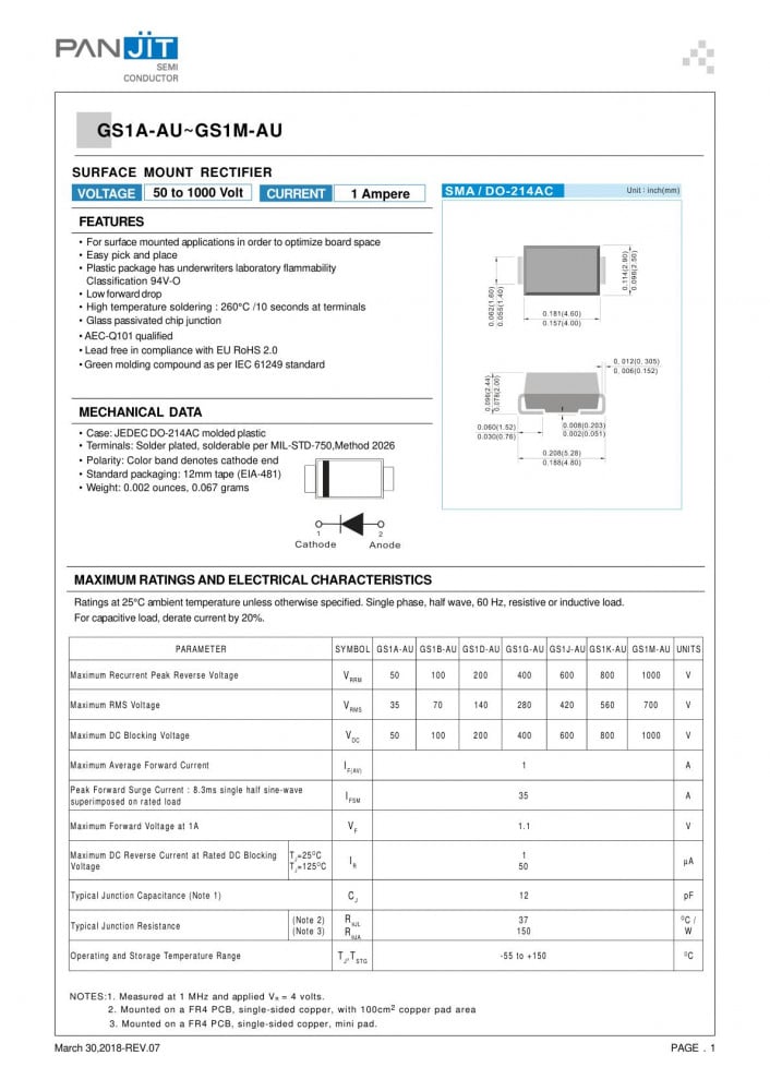 PANJIT GS1M-AU datasheet page 1
