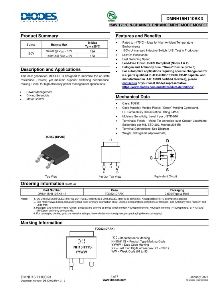 DMNH15H110SK3-13 datasheet page 1
