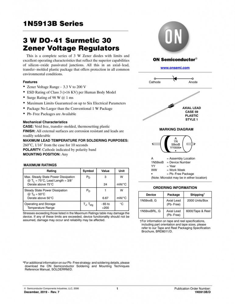 onsemi 1N5919BRLG datasheet page 1