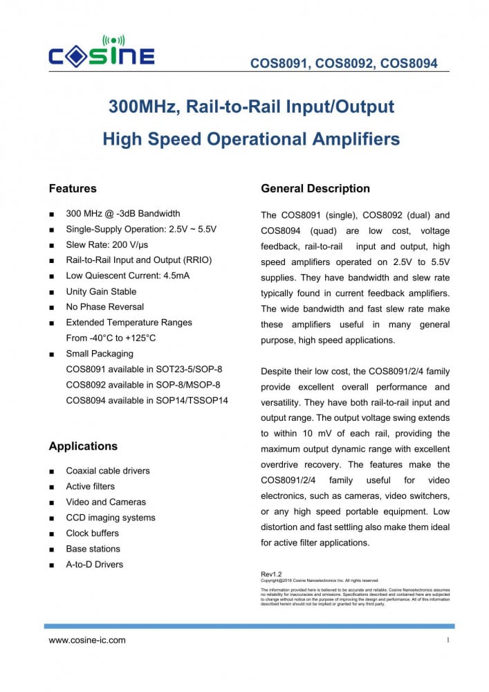 COS8092SR datasheet page 1