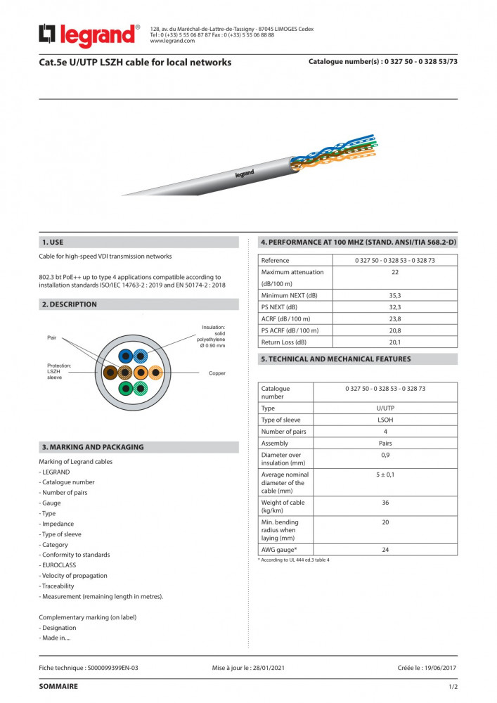 Legrand 032750 cable datasheet page 1