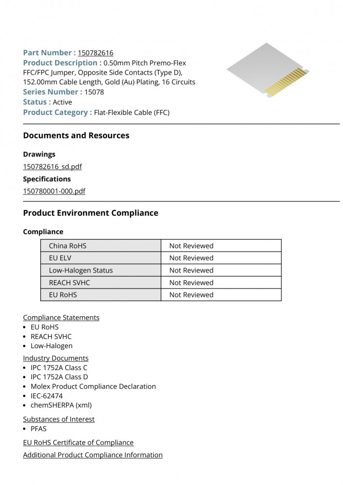 MOLEX FFC jumper cable product specification, page image 1
