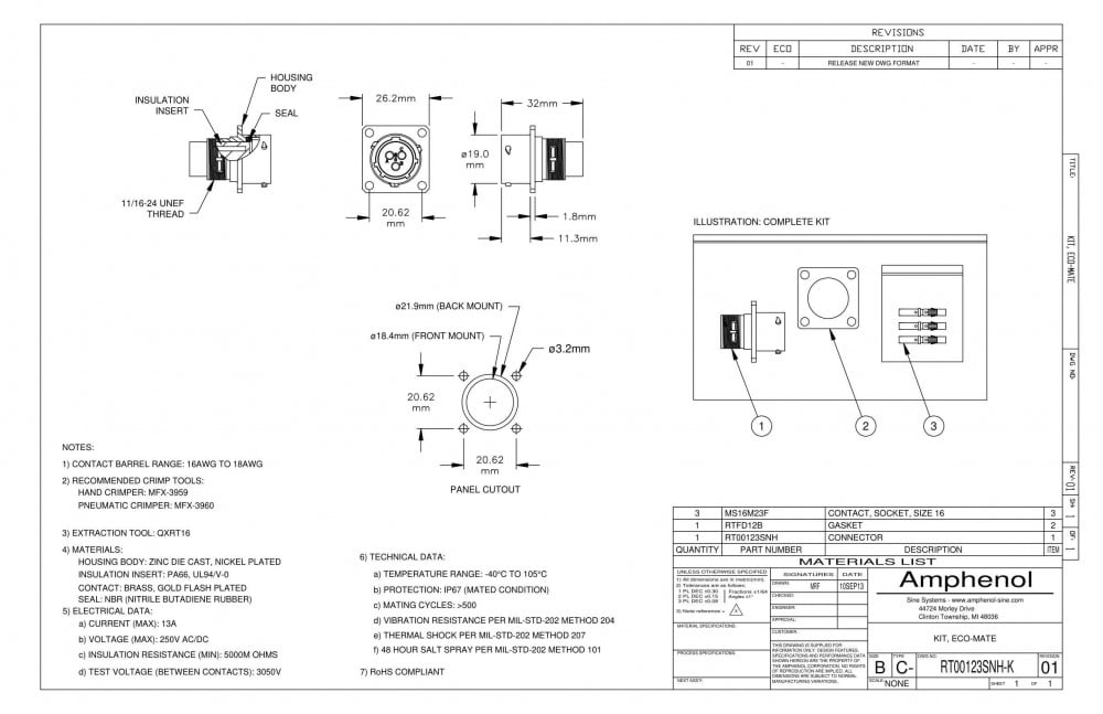 Amphenol RT00123SNH-K technical drawing page 1
