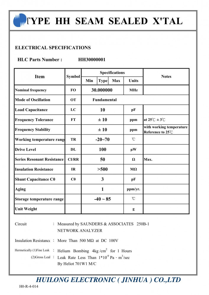 HH30000001 electrical specifications