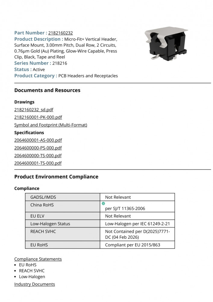 Product document page 1 for Molex 2182160232