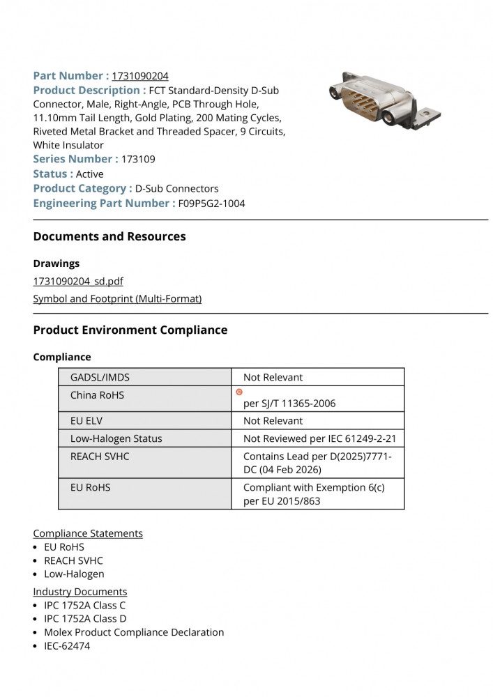 MOLEX 1731090204 technical drawing page 1