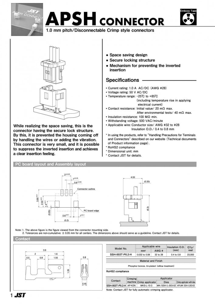JST APSH connector technical document page 1