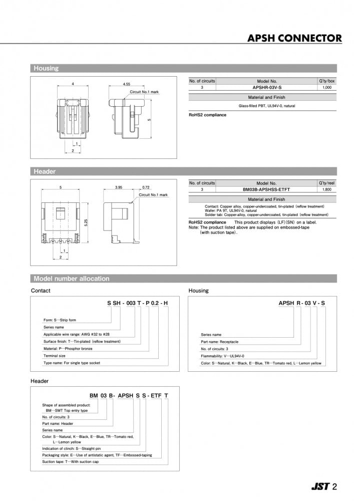 JST APSH connector technical document page 2