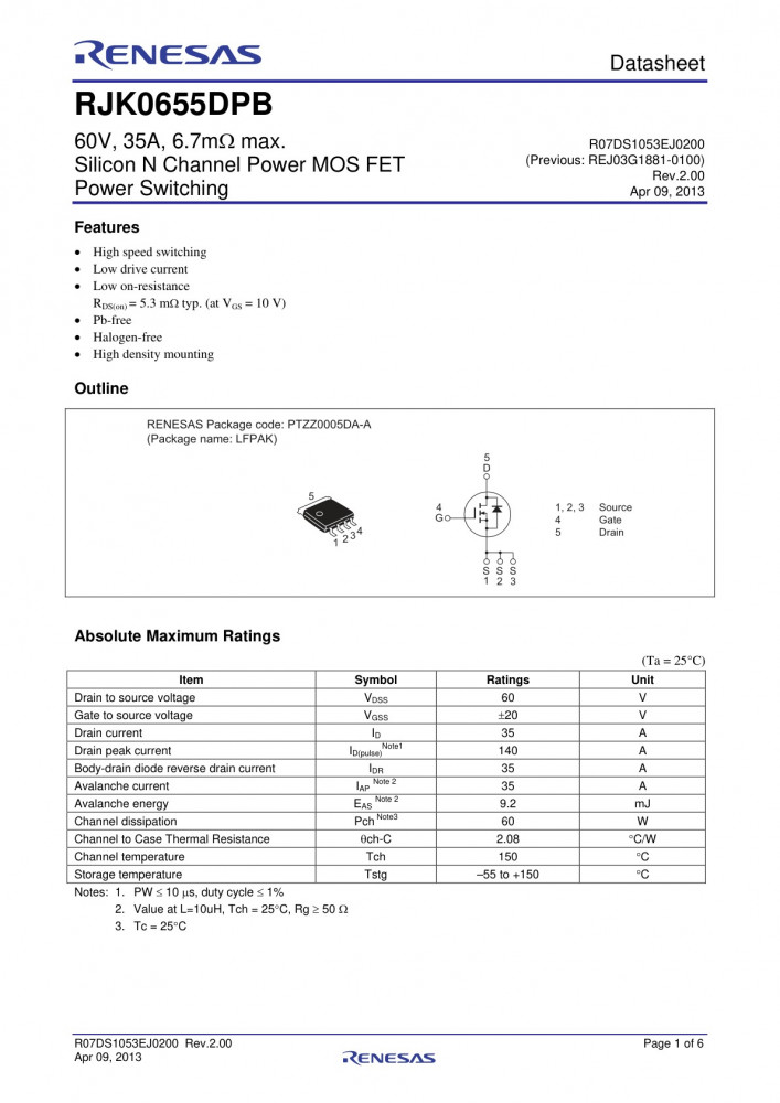 RJK0655DPB-00#J5 datasheet page 1