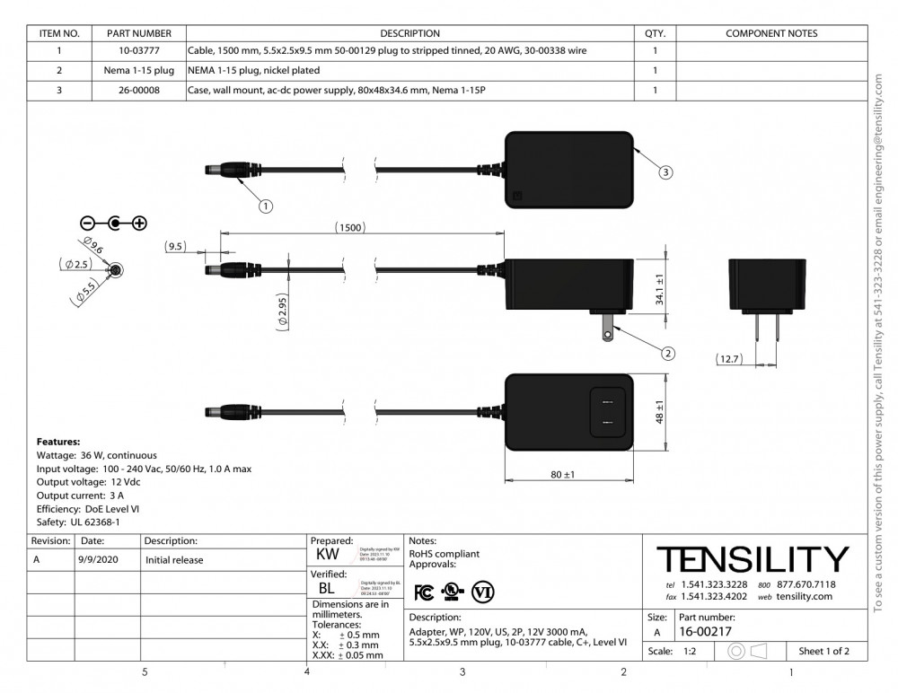 Tensility International 16-00217 specification drawing, page 1