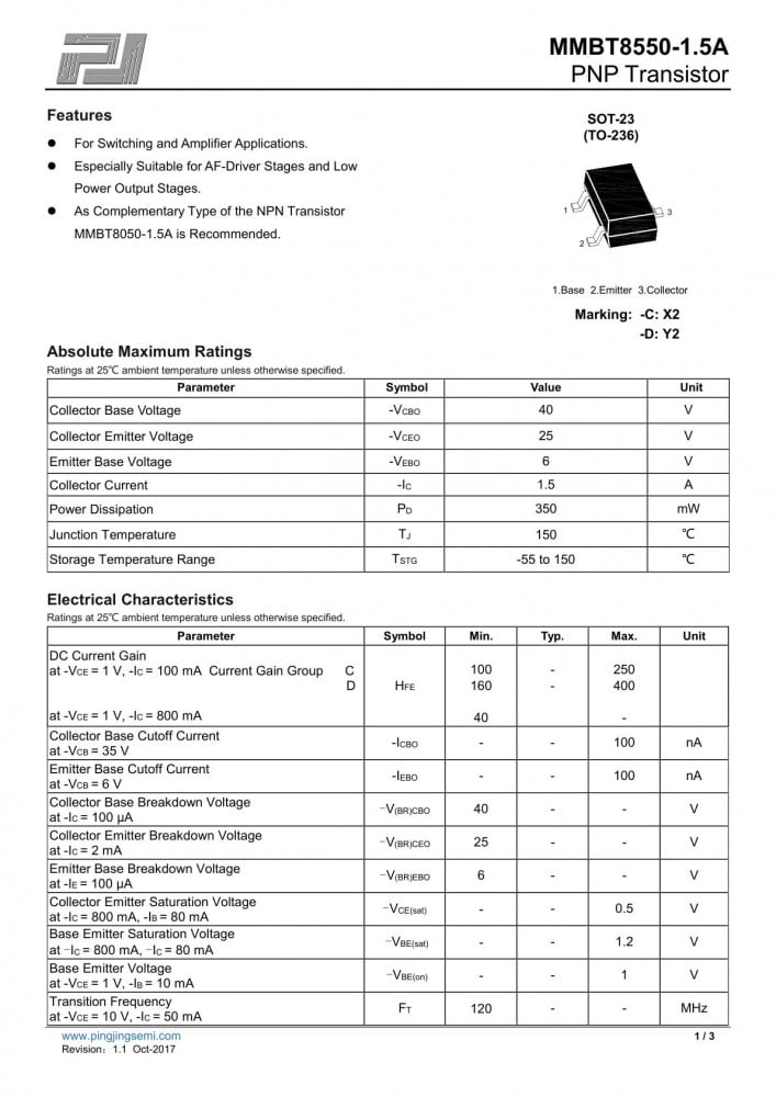 MMBT8550D(1.5A) datasheet page 1