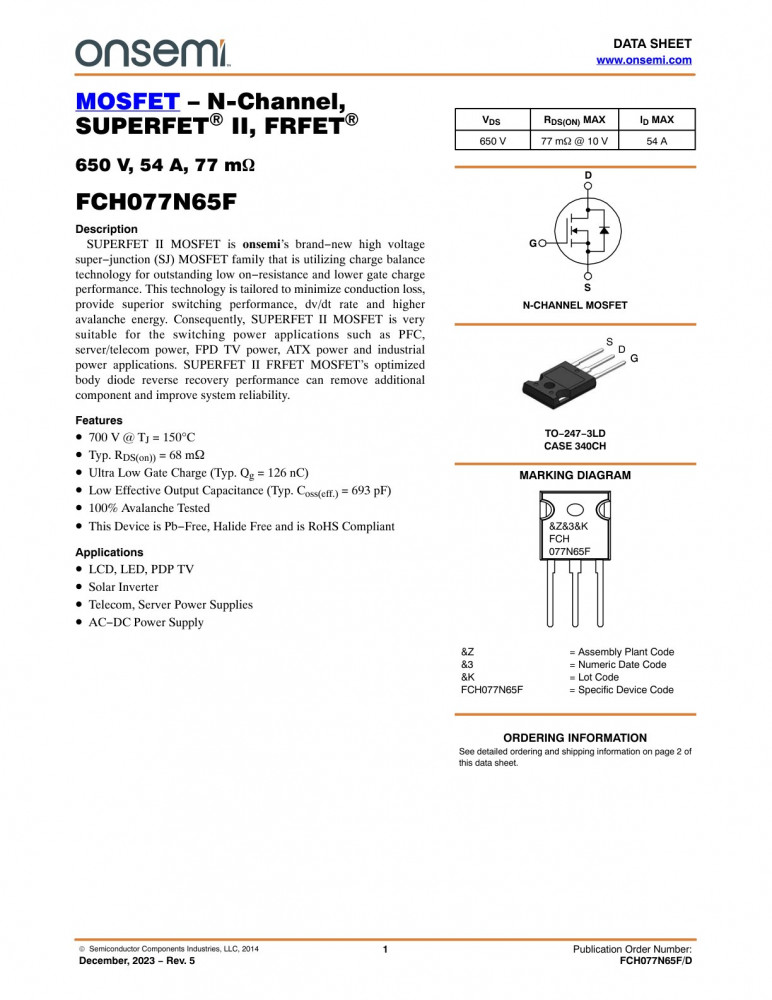 FCH077N65F datasheet page 1