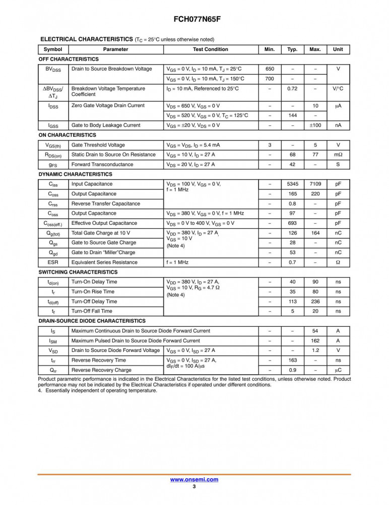 FCH077N65F datasheet page 3