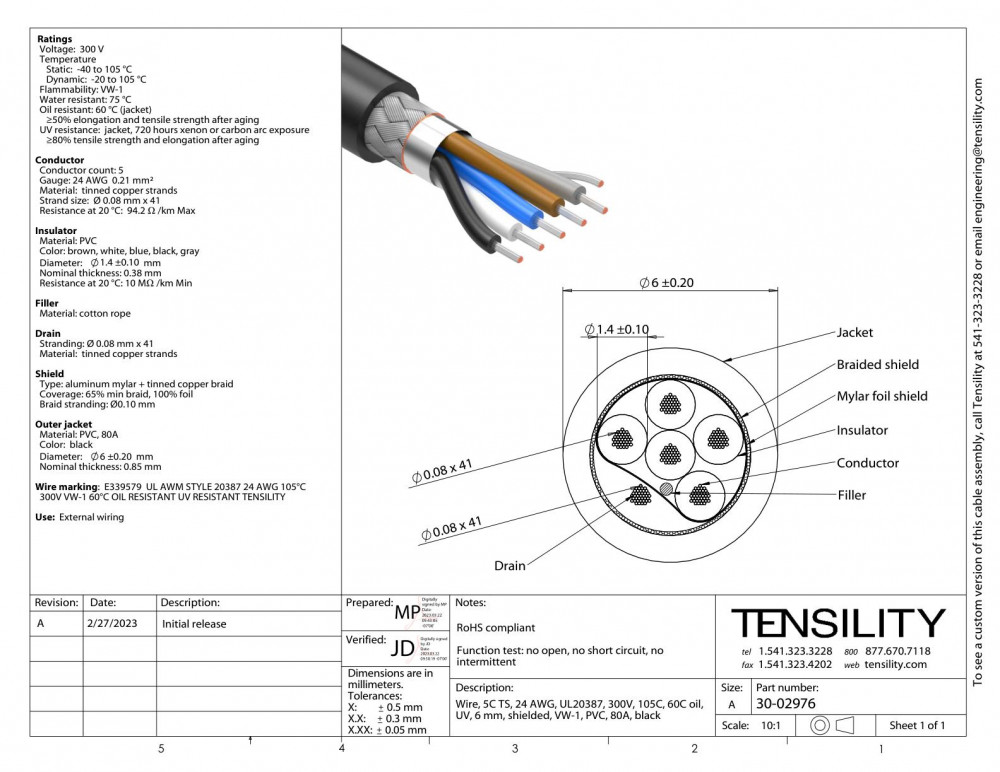 Tensility International 30-02976 cable specification drawing