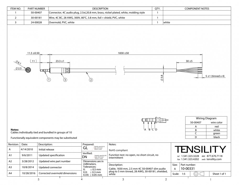 Tensility International 10-00331 cable assembly drawing