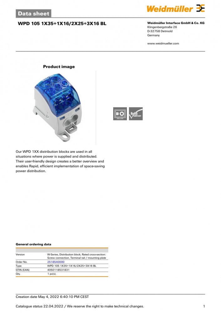WEIDMULLER WPD 105 technical document page 1