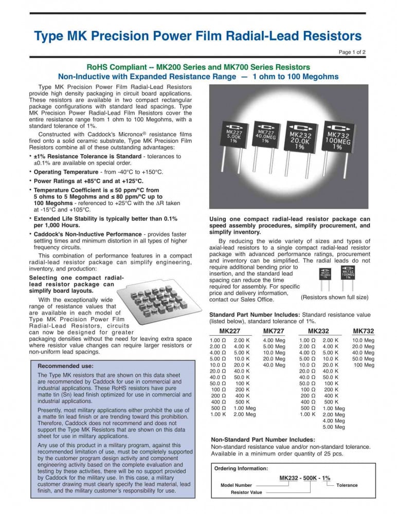 Caddock Type MK resistor datasheet page 1