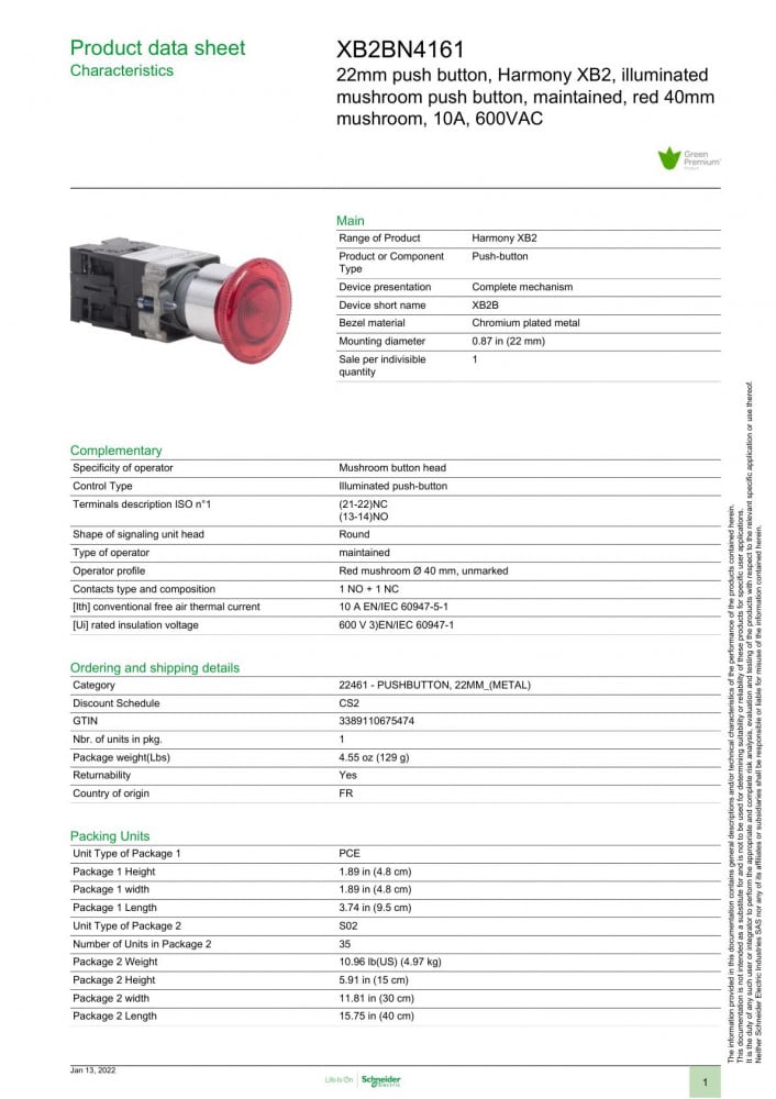 XB2BN4161 technical document page 1