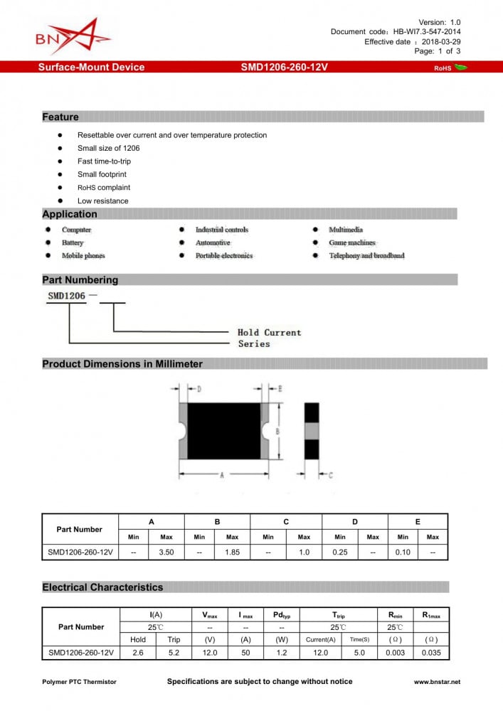 BNstar SMD1206-260-12V datasheet page 1