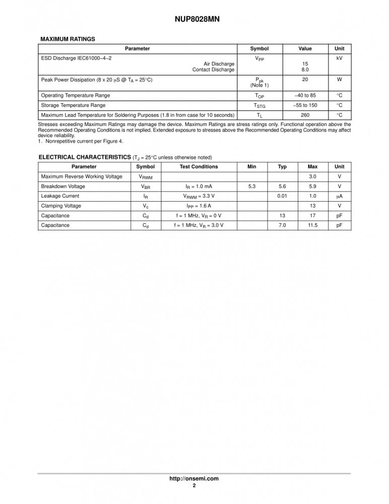 NUP8028MNT1G datasheet page 2