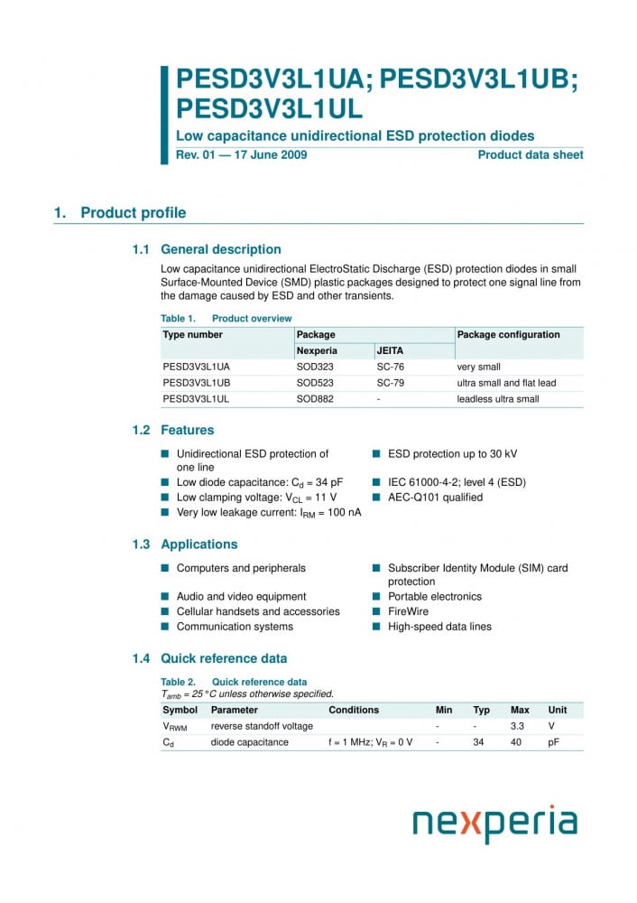 PESD3V3L1UL datasheet page 1