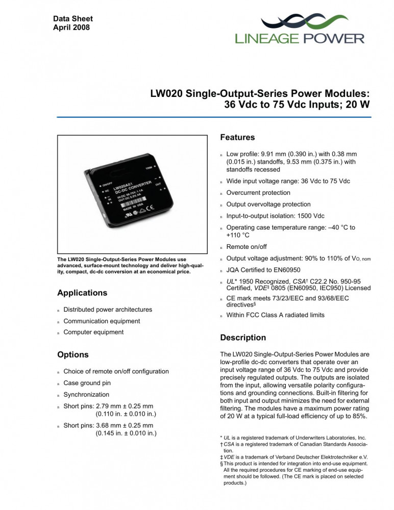 LW020F87 datasheet page 1