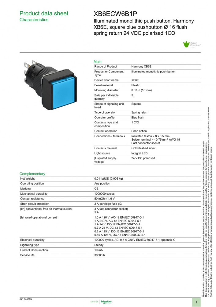 XB6ECW6B1P technical document page 1