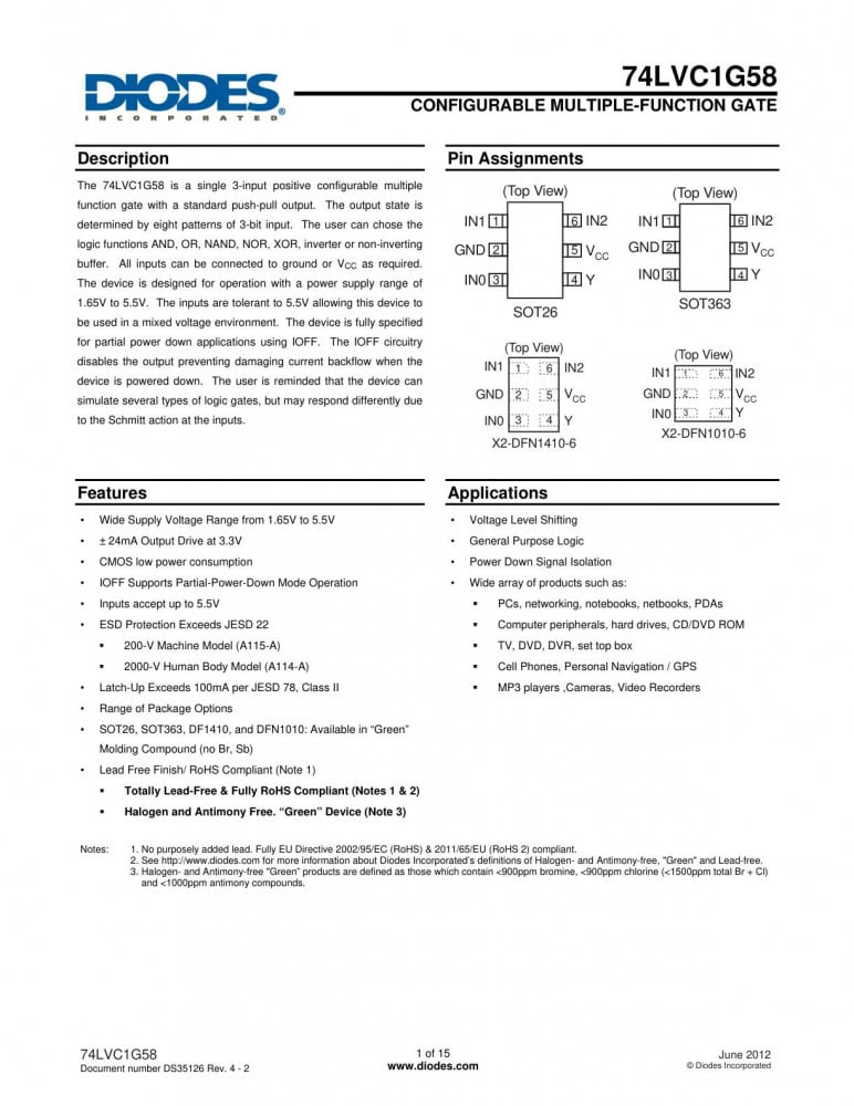74LVC1G58W6-7 datasheet page 1