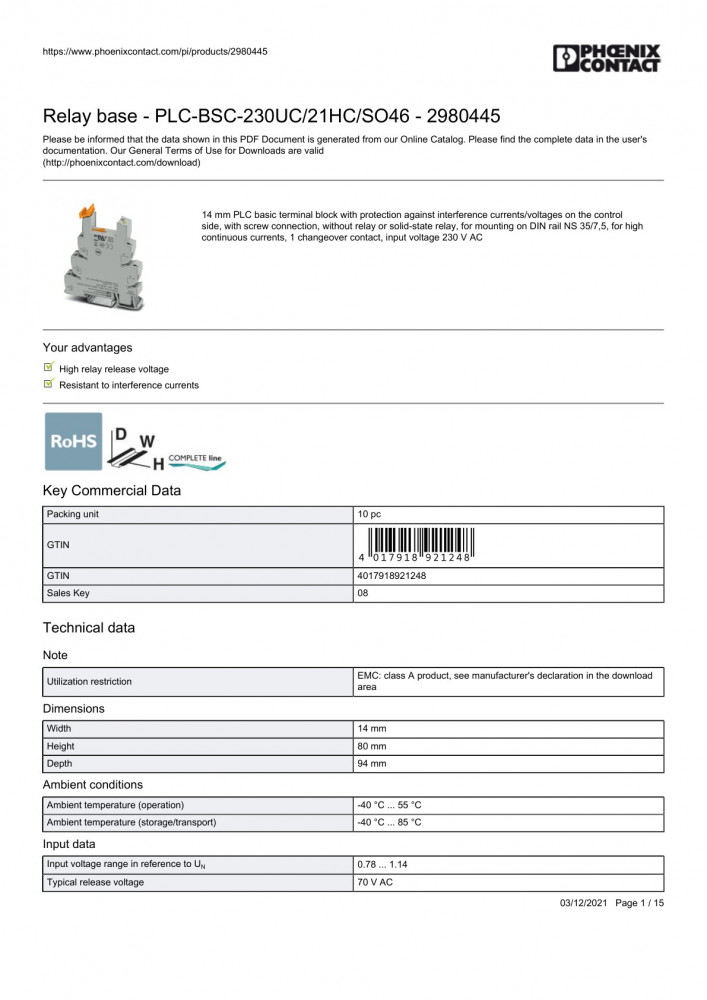 Phoenix Contact 2980445 technical document page 1