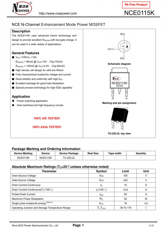 NCE0115K datasheet page 1