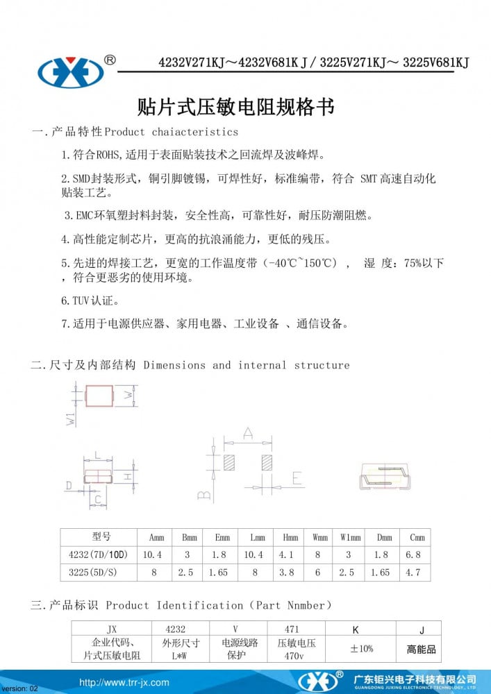 JUXING varistor datasheet page 1