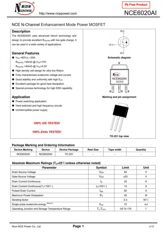 NCE6020AI datasheet page 1