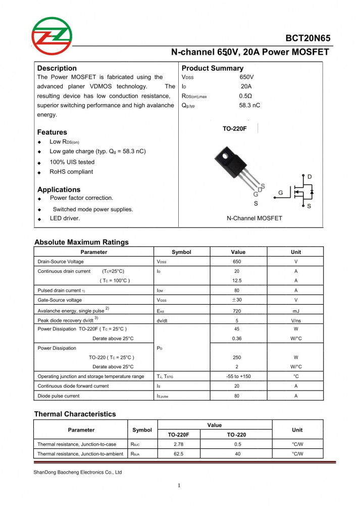 BCT20N65 datasheet page 1