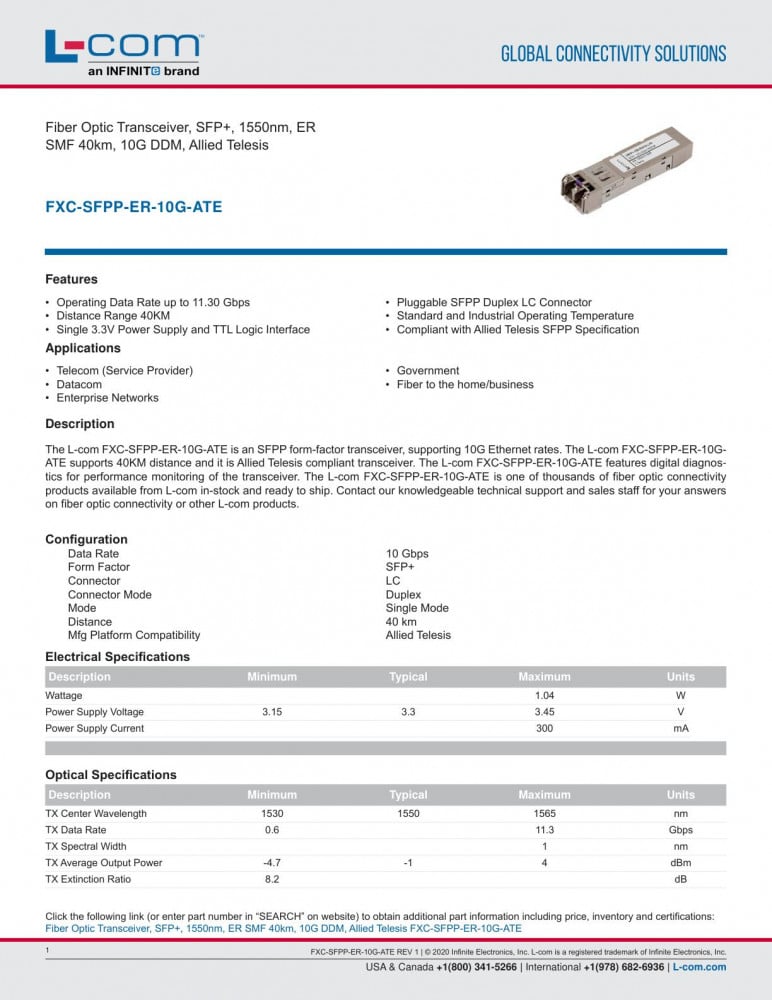 FXC-SFPP-ER-10G-ATE datasheet page 1