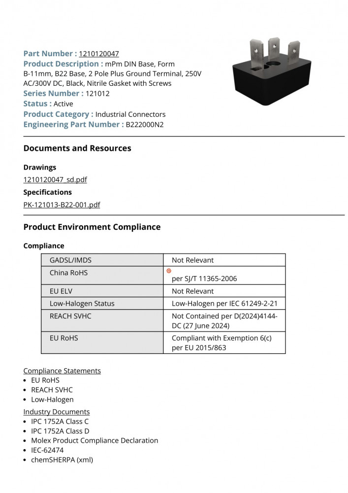 Molex DIN Valve Series B22 packaging specification, page image 1