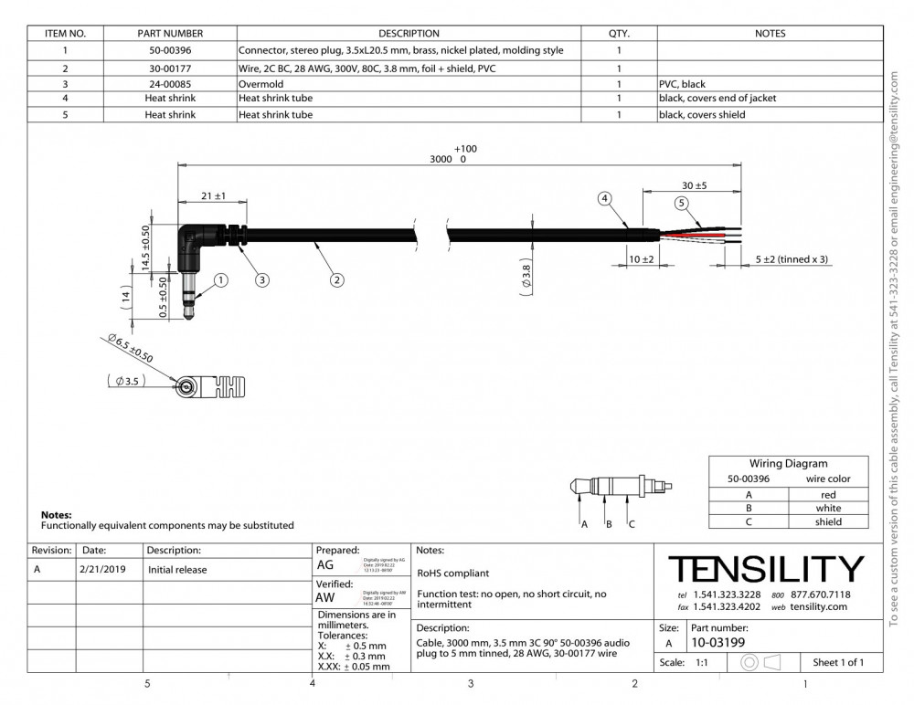 Tensility International 10-03199 product drawing and wiring reference