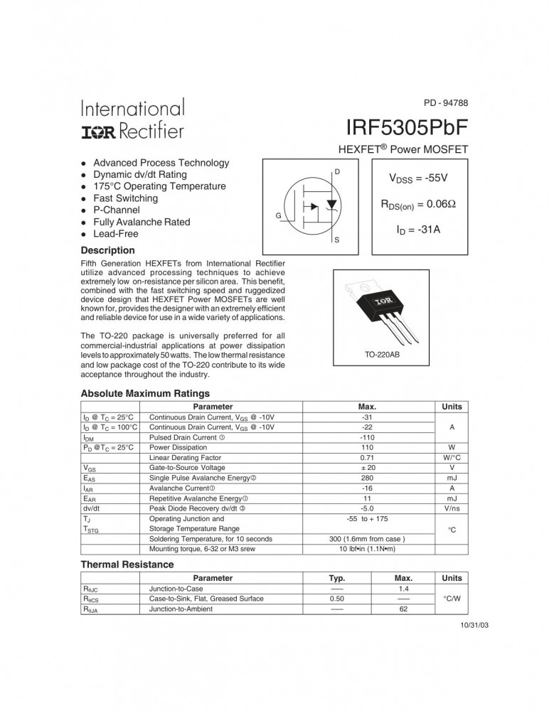 IRF5305PBF datasheet page 1