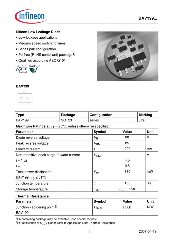 BAV199E6433 datasheet page 1